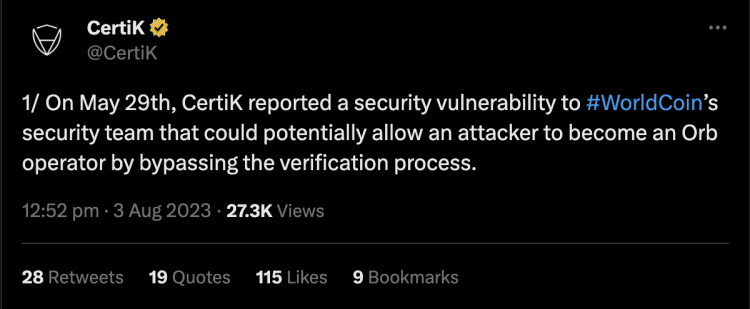 Worldcoin tem falha que pode afetar segurança dos usuários, diz CertiK